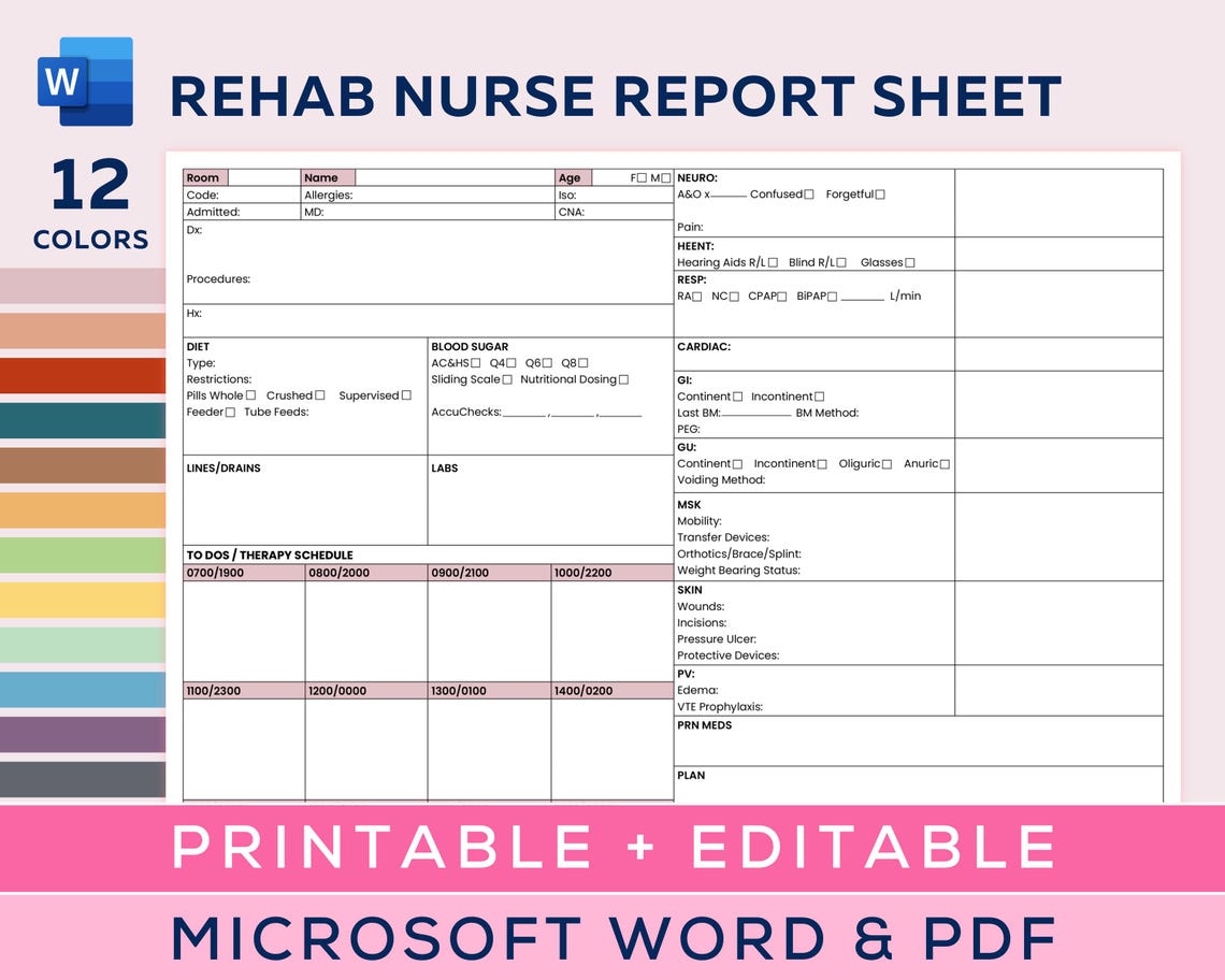 Inpatient Rehab Nurse Report Sheet, Rehab/med Surge Report Sheet ...