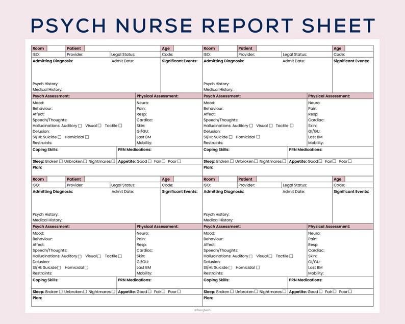 Psych Nurse Report Sheet for 4 Patients, Psych/mental Health ...