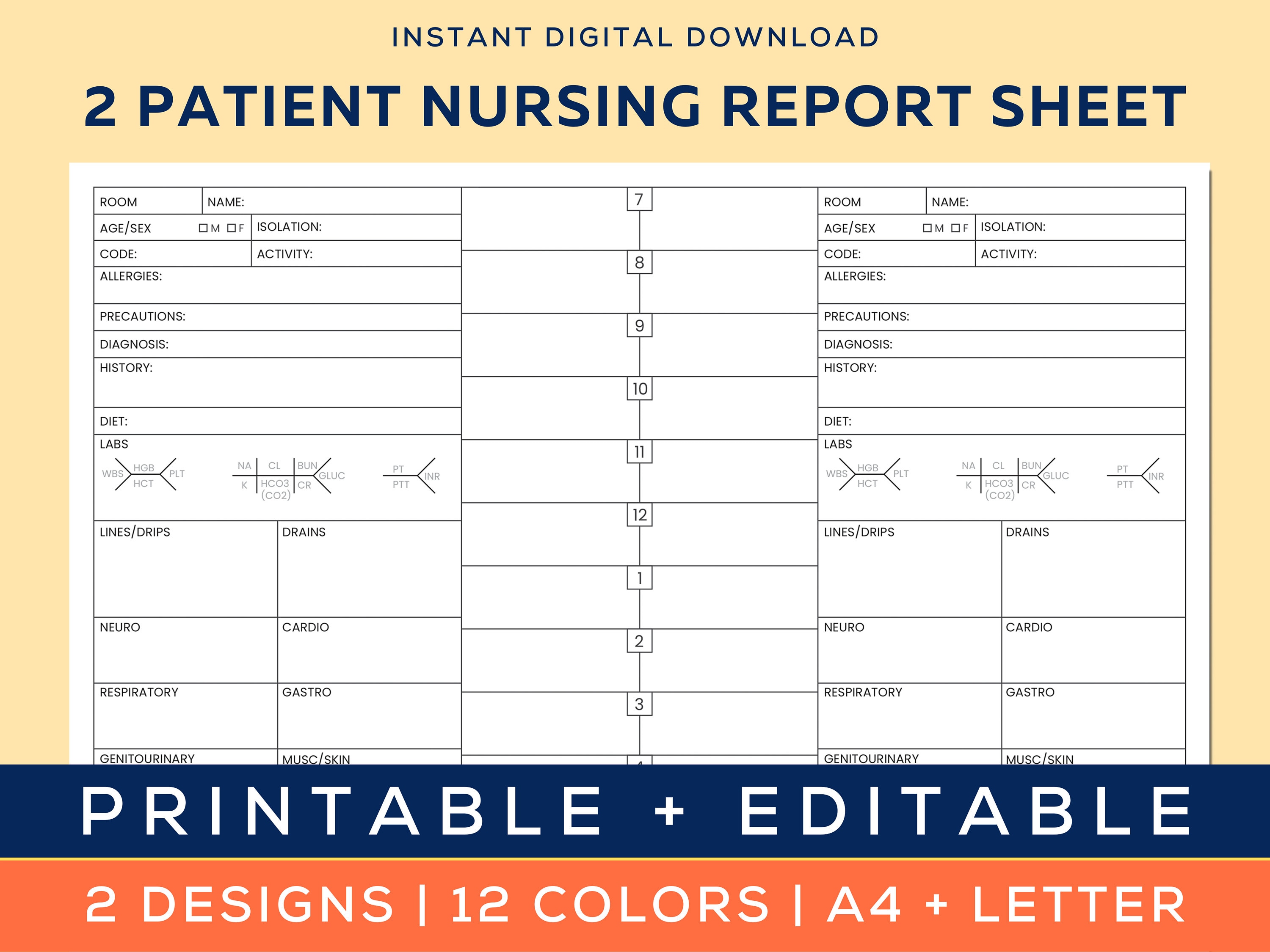 Printable 2 Patient Nursing Report Sheet | With Hourly Layout | Nurse ...
