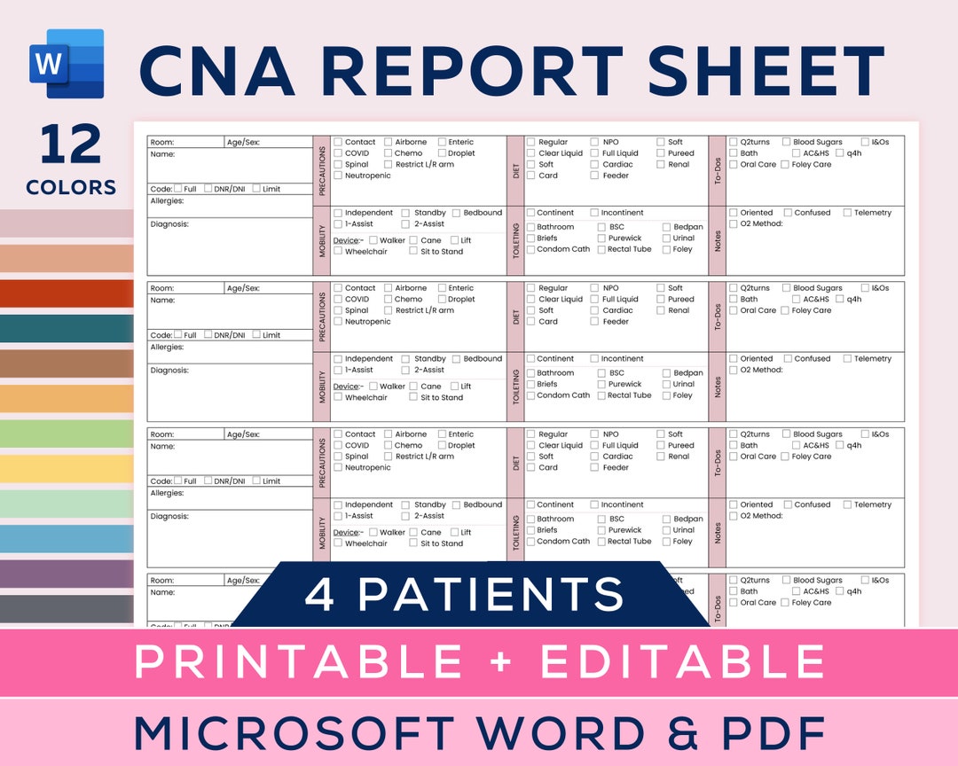 CNA Shift Report Sheet, Cna Brain Sheet for 4 Patients, Certified Nursing Assistant, Nurse Tech ...