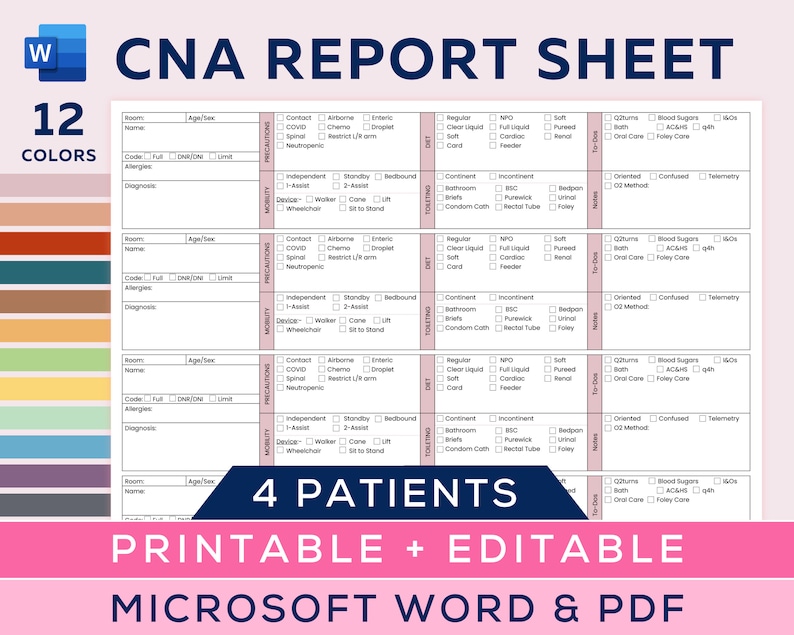 CNA Shift Report Sheet, Cna Brain Sheet for 4 Patients, Certified ...
