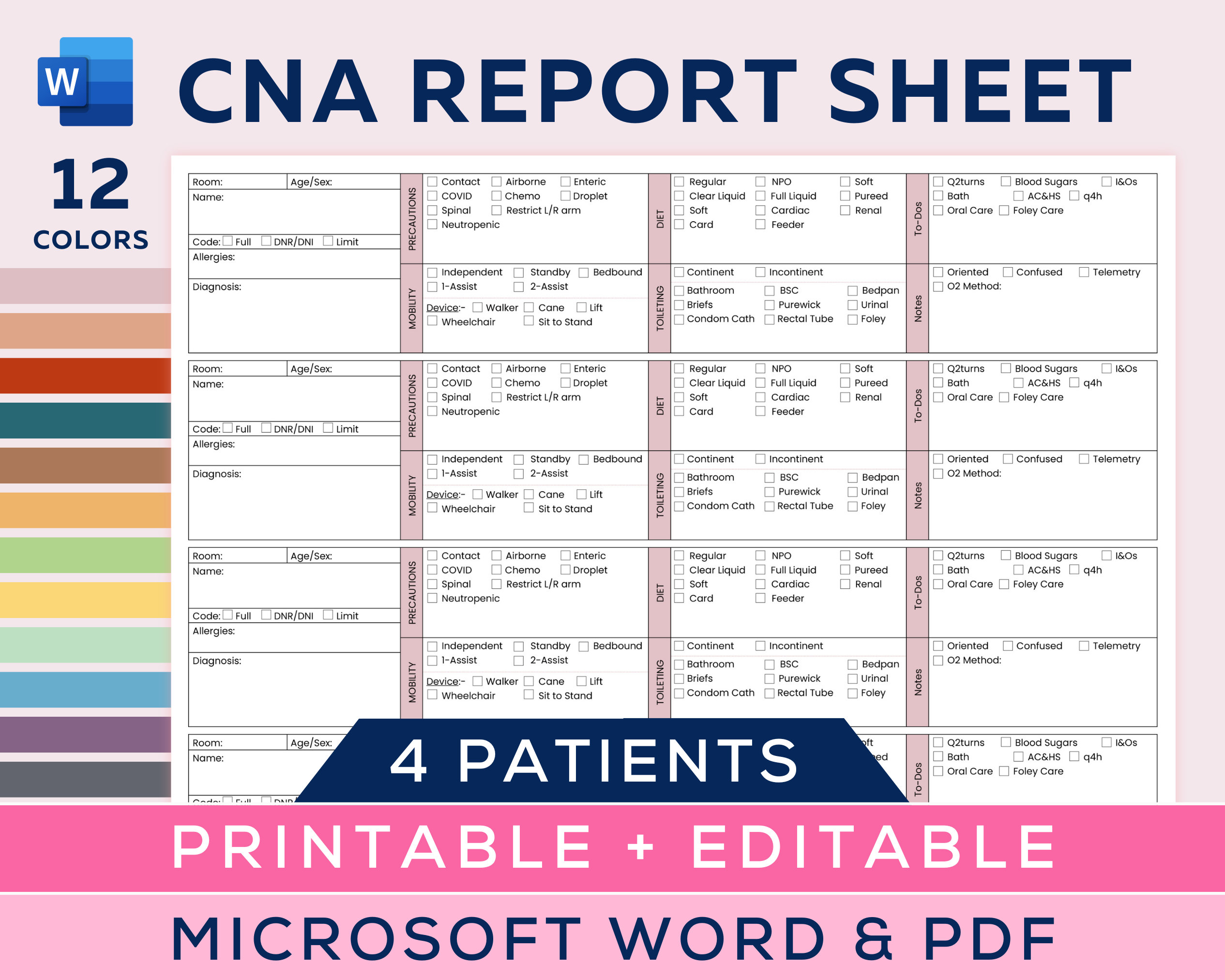 CNA Shift Report Sheet, Cna Brain Sheet for 4 Patients, Certified ...
