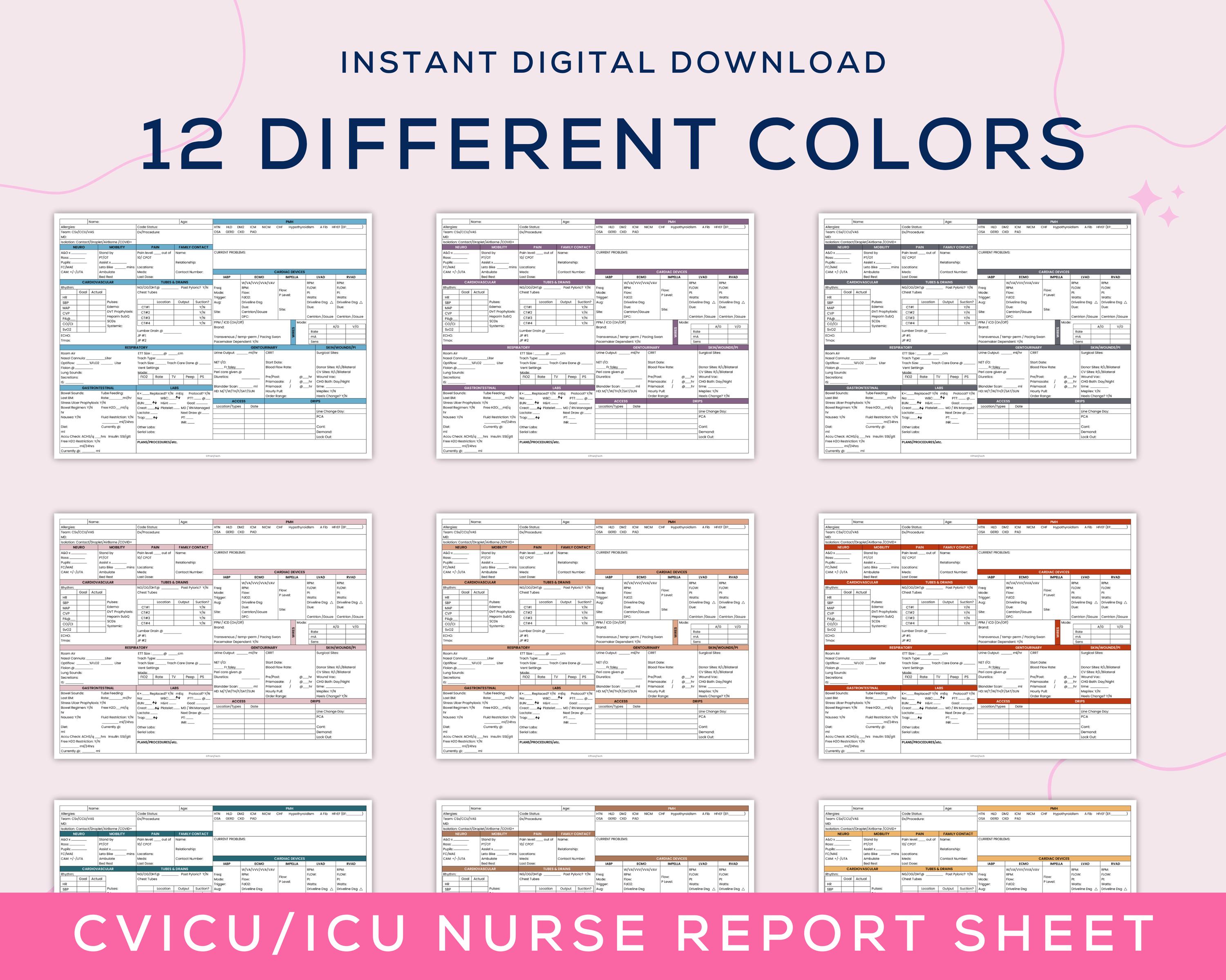 ICU Nurse Report Sheet for CVICU, Nurse Brain Sheet, Critical Care ...