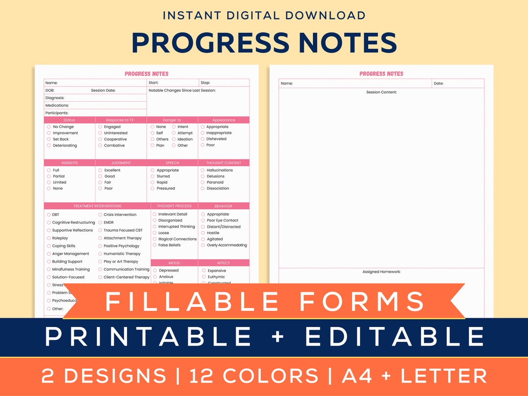 Progress Notes for Therapists, Client Progress Note, Printable ...