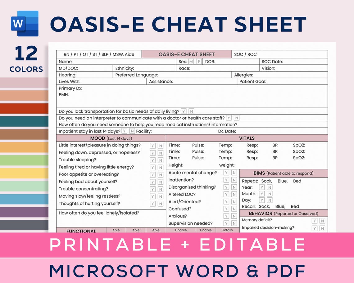 OASIS-E Cheat Sheet for Home Health Nurses, Start of Care Template, Nurse Visit Cheat Sheet, SOC ...