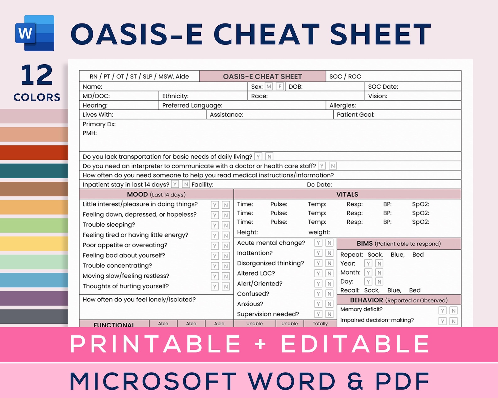 OASIS-E Cheat Sheet for Home Health Nurses, Start of Care Template ...