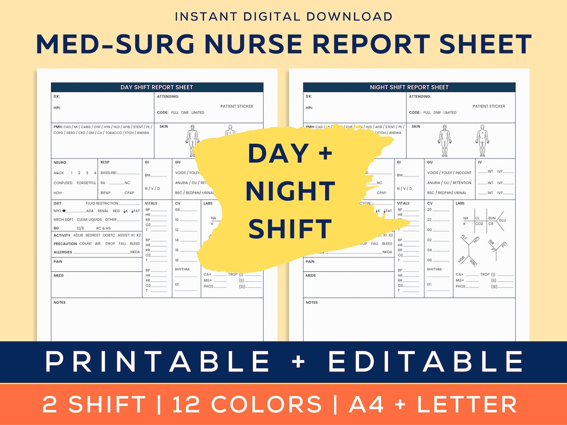 Med Surg Nurse Report Sheet, Day Shift and Night Shift, Nursing Student ...
