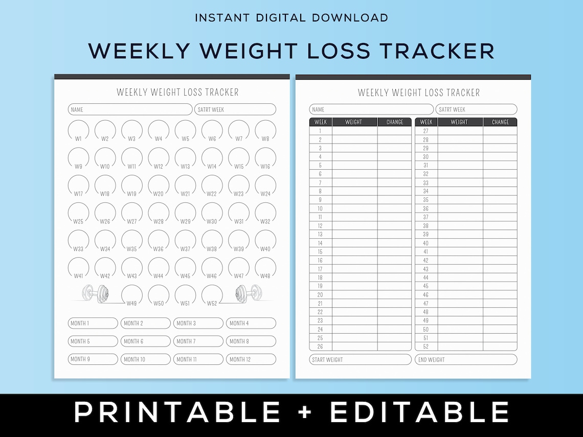 Printable Weekly Weight Loss Tracker Digital Weight Loss Chart ...
