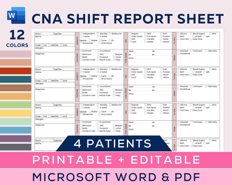CNA Shift Report Sheet for 4 Patients Checkbox Version, Certified ...