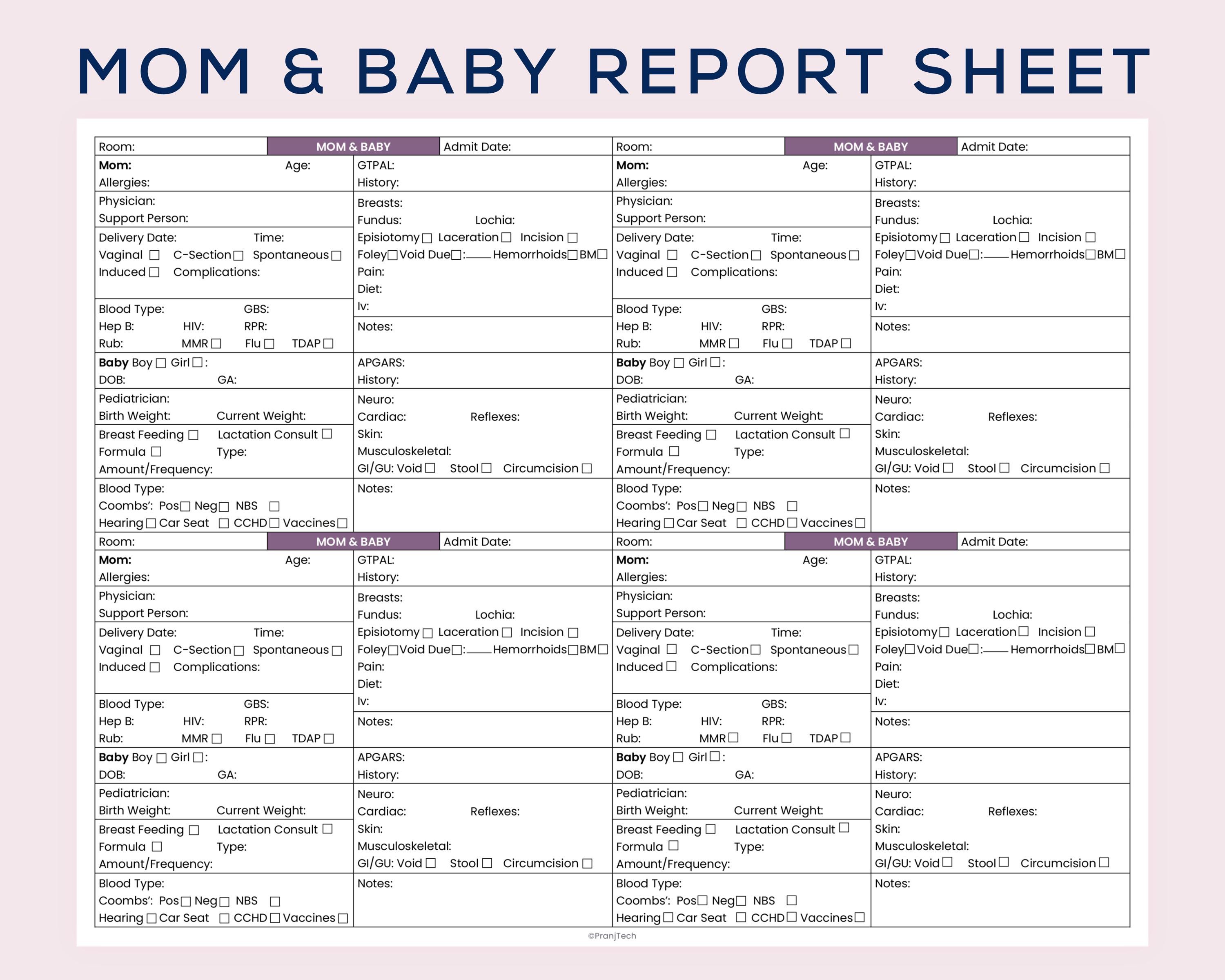 Mom & Baby Nurse Brain Report Sheet, 4 Mom and 4 Babies, OB Report ...