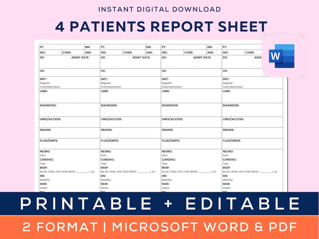 Med Surg Nurse Brain Report Sheet for 4 Patients, Nurse Report Sheet ...