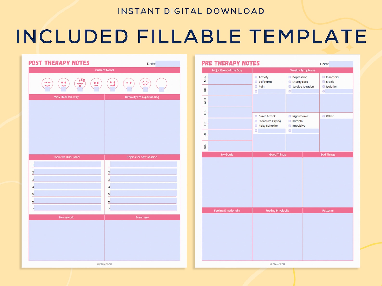 Pre Therapy & Post Therapy Notes, Fillable, Digital, Editable Template ...