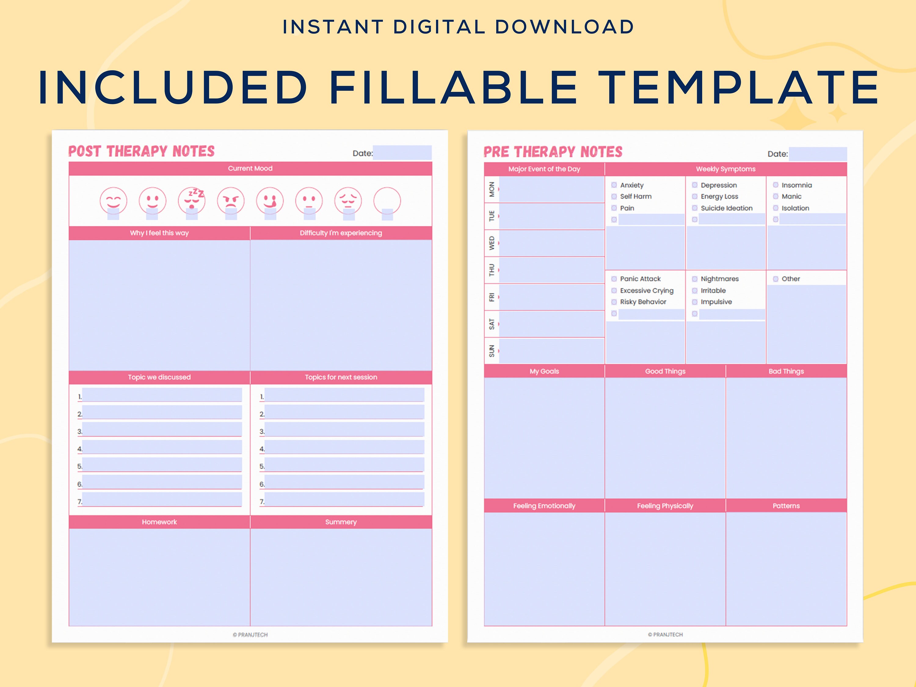 Pre Therapy & Post Therapy Notes, Fillable, Digital, Editable Template ...