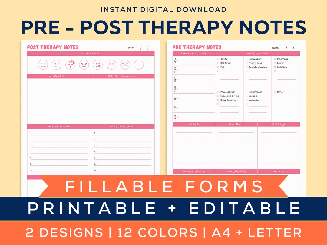 Pre Therapy & Post Therapy Notes, Fillable, Digital, Editable Template ...