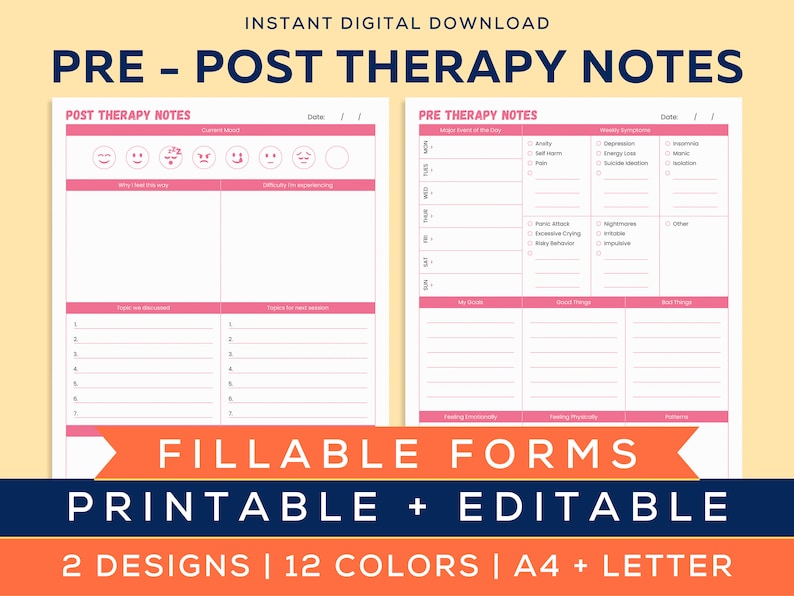 Pre Therapy & Post Therapy Notes, Fillable, Digital, Editable Template ...