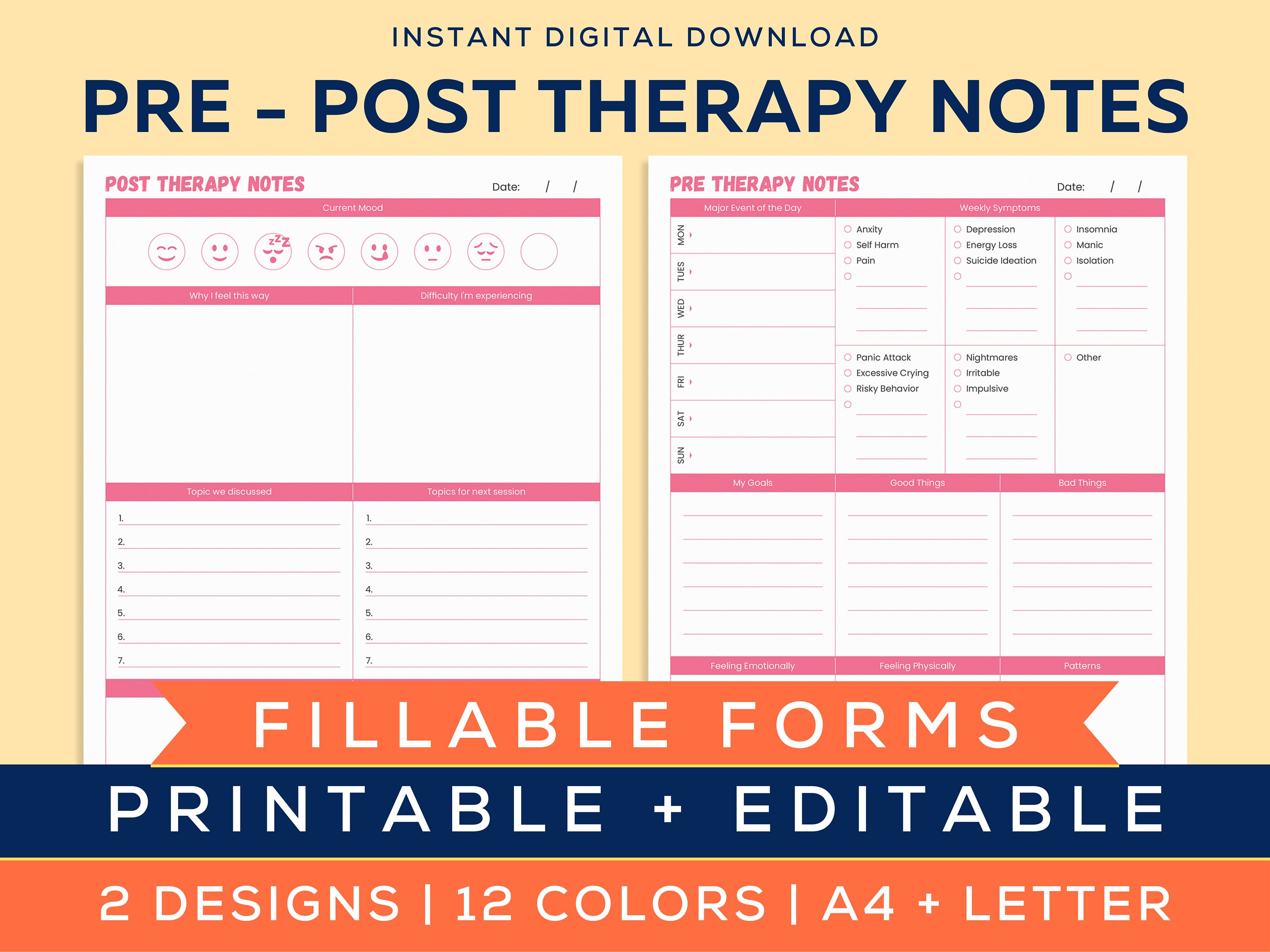 Pre Therapy & Post Therapy Notes, Fillable, Digital, Editable Template ...