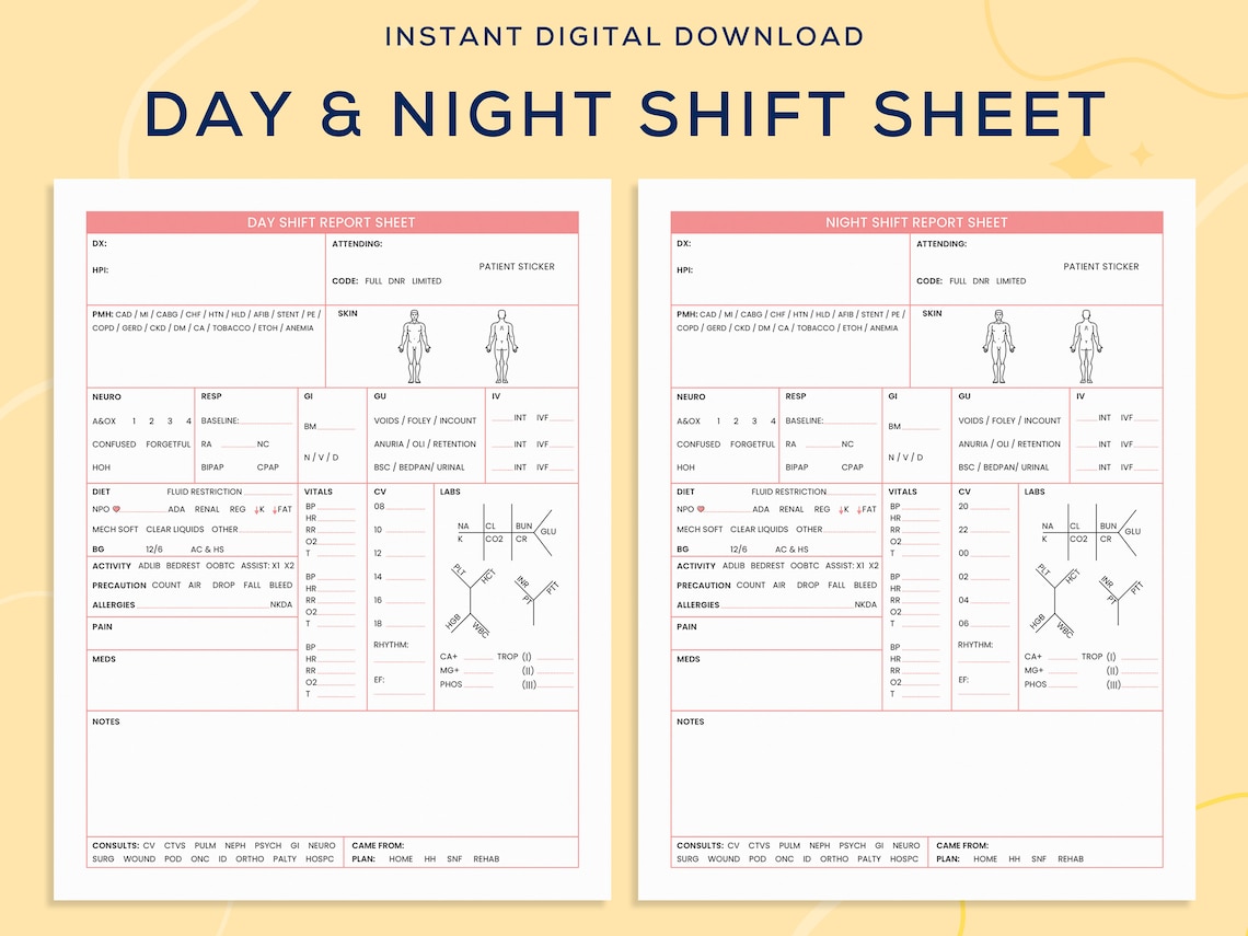 Med Surg Nurse Report Sheet, Day Shift and Night Shift, Nursing Student ...