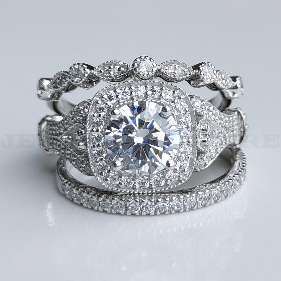 Moissanite Vintage Bridal Set, Round Cut Bridal Set, Engagement Wedding ...
