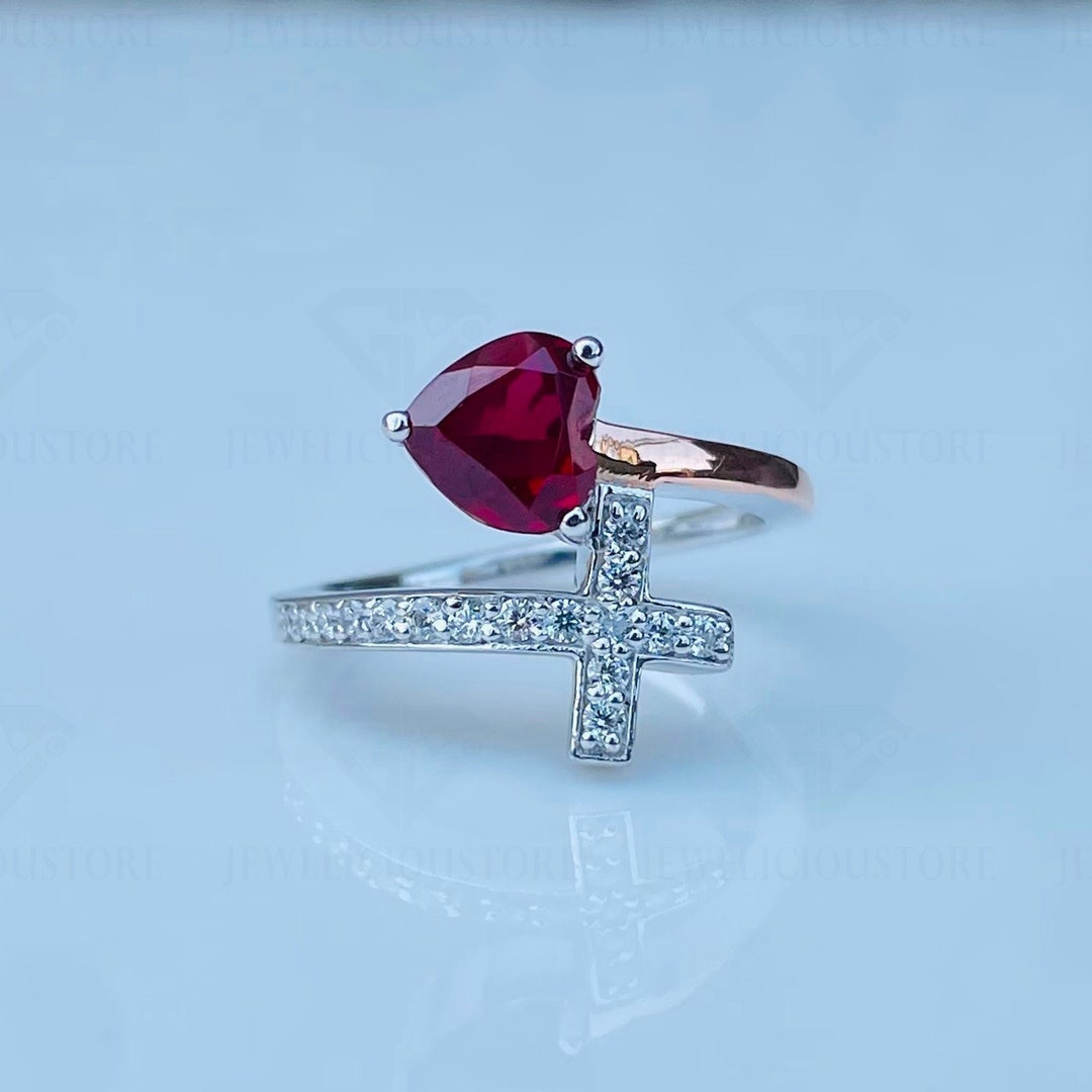 Jesus Cross & Red Heart Cut Fine Jewelry Ring, Engagement Ring, Red ...