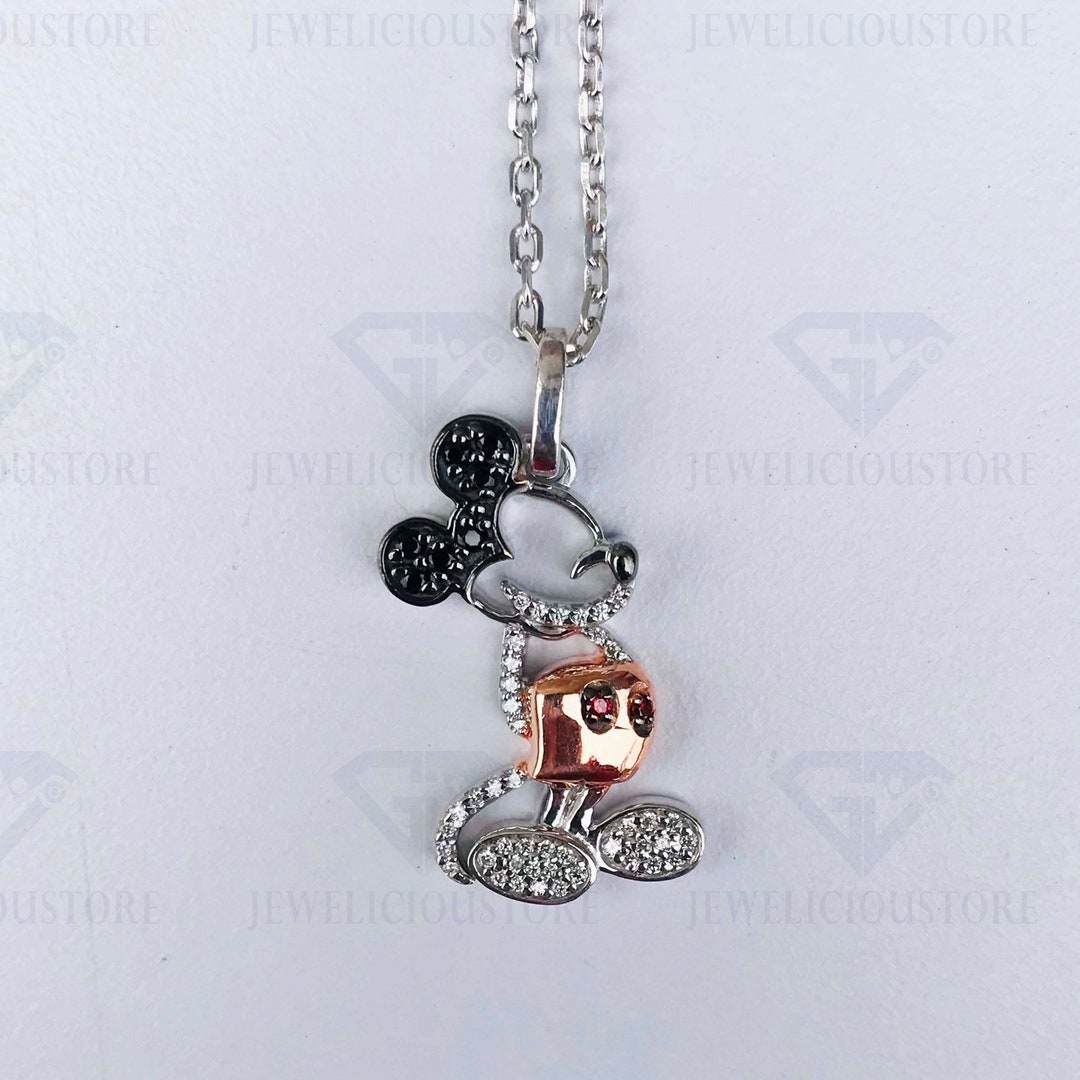 Women's Mickey Pendant Necklace, Solid 925 Sterling Silver Black & Rose ...
