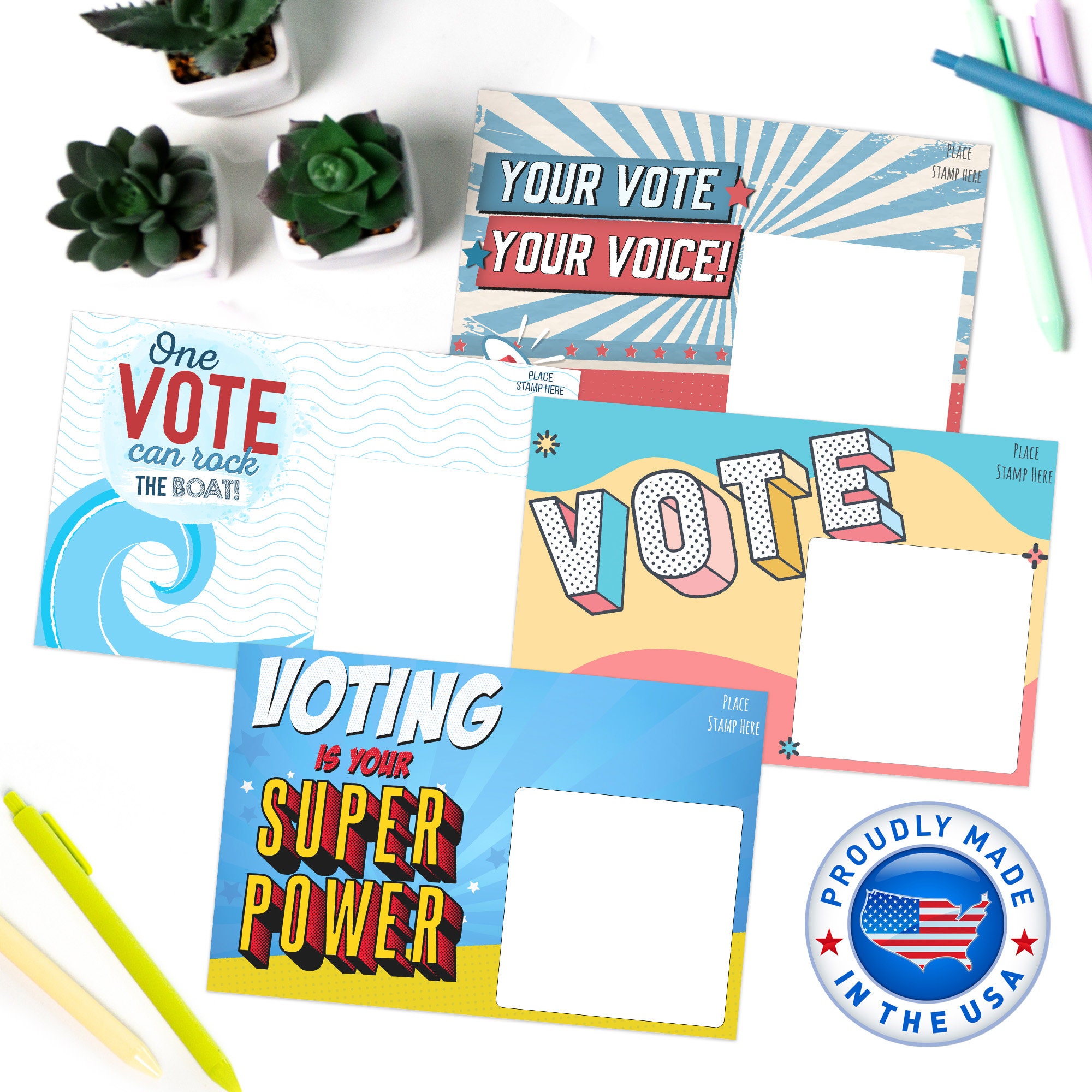 400 Bulk Voter Postcards 4x6" - 4 Eye Catching Designs, Blank Back for ...