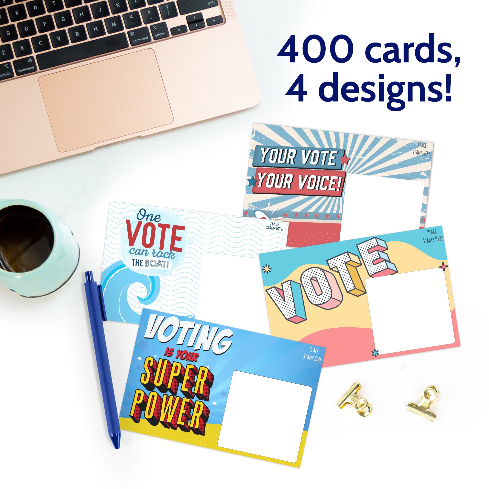 400 Bulk Voter Postcards 4x6" - 4 Eye Catching Designs, Blank Back for ...