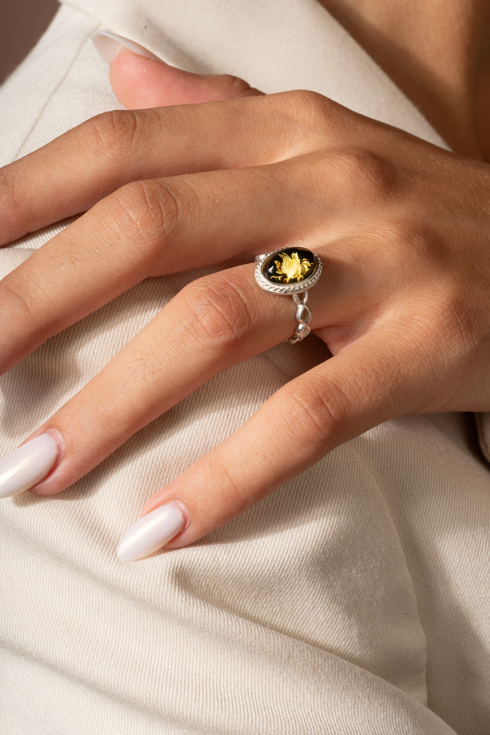 Rose Intaglio Amber Silver Ring, Silver Engagement Ring, Daintys Amber ...