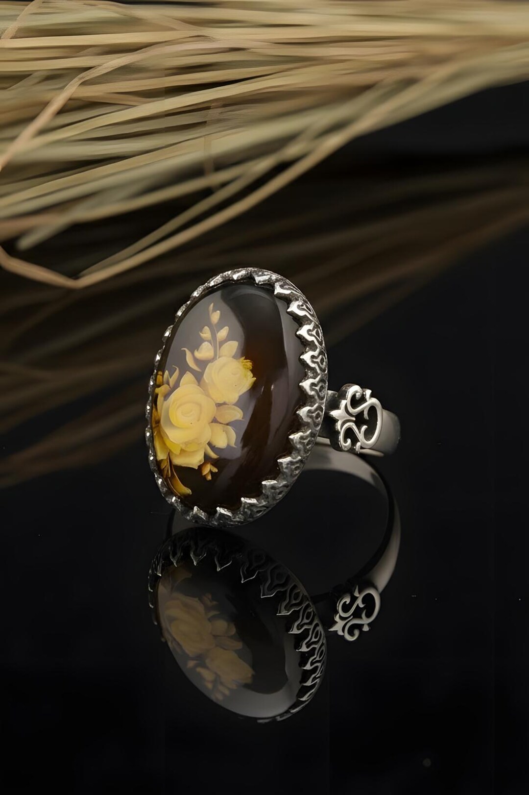 Handmade Baltic Amber Ring, 925 Sterling Silver, Rose Intaglio, Vintage ...