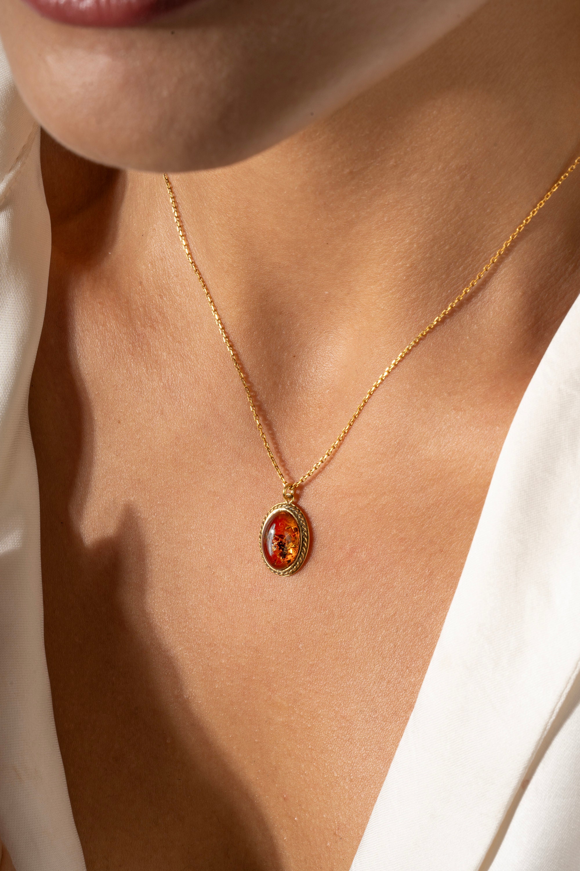 Natural Amber Silver Necklace, Small Cabochon Amber, Amber Jewelry ...