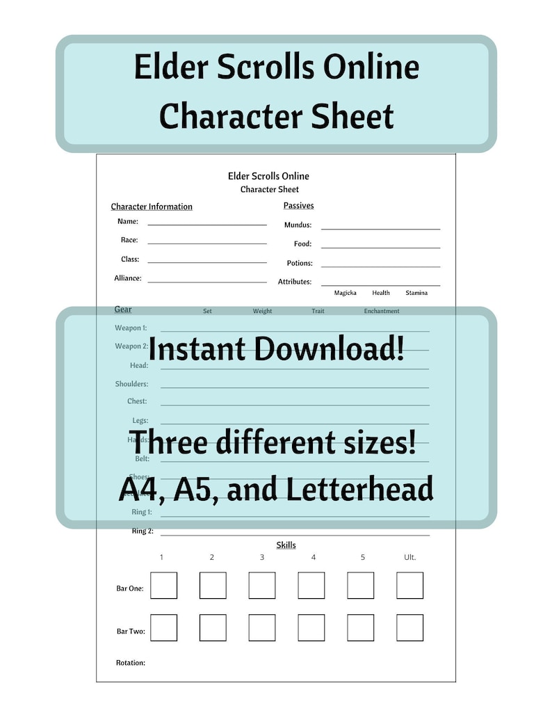 Elder Scrolls Online Character Sheet - Etsy Elder Scrolls Online Character Sheet - Etsy