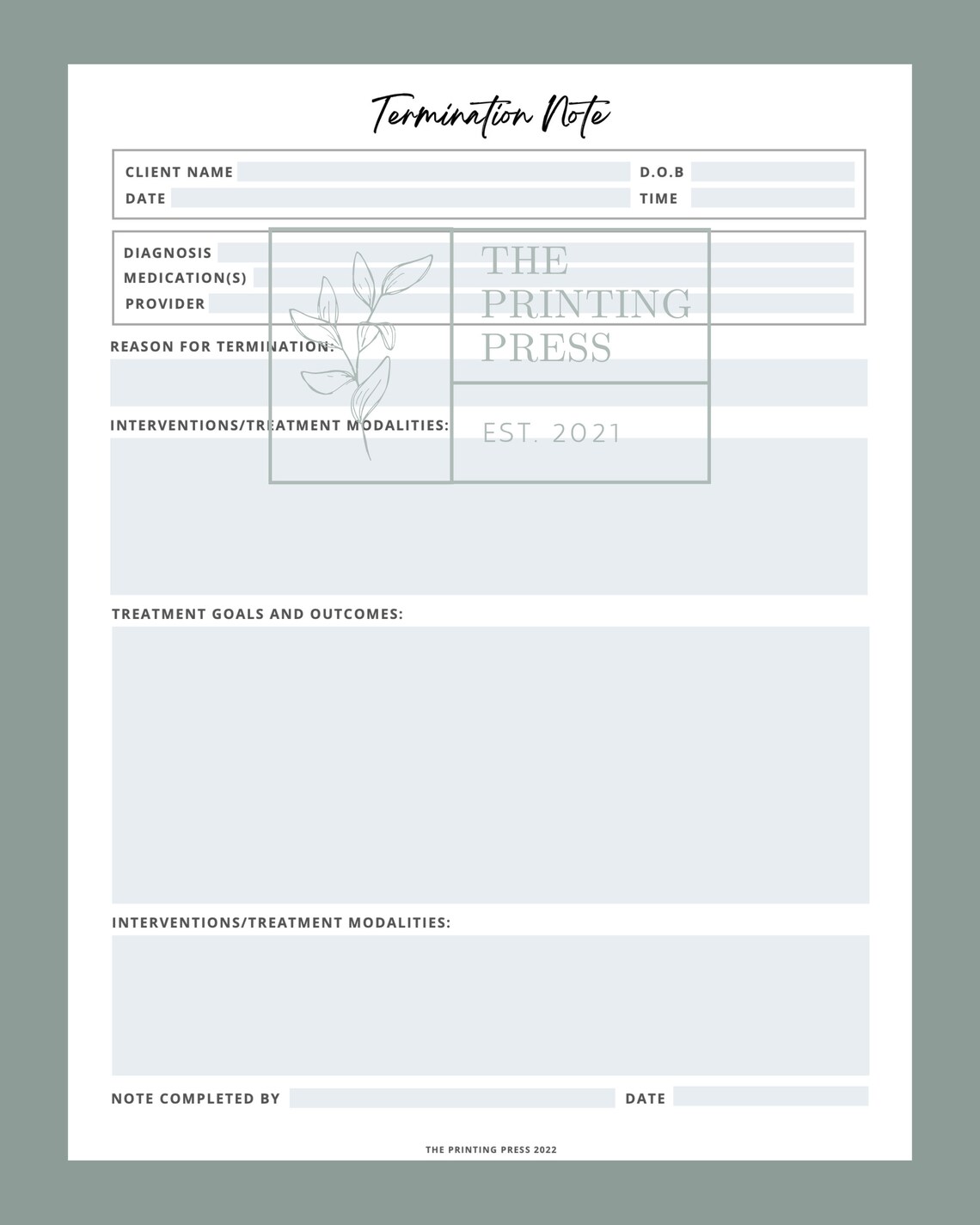 Therapy Termination Note Template, Fillable Counseling Form (digital ...