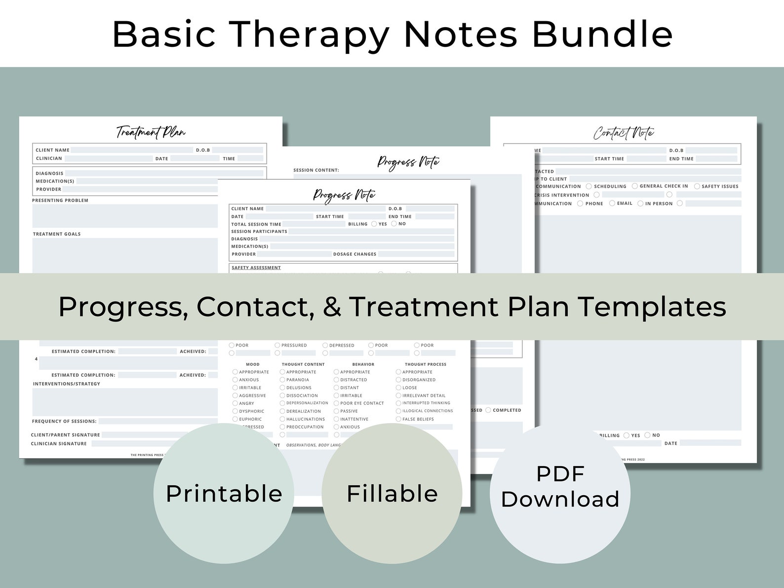 Therapy Notes Bundle, Progress, Contact & Treatment Plan (A4 PDF) - Etsy