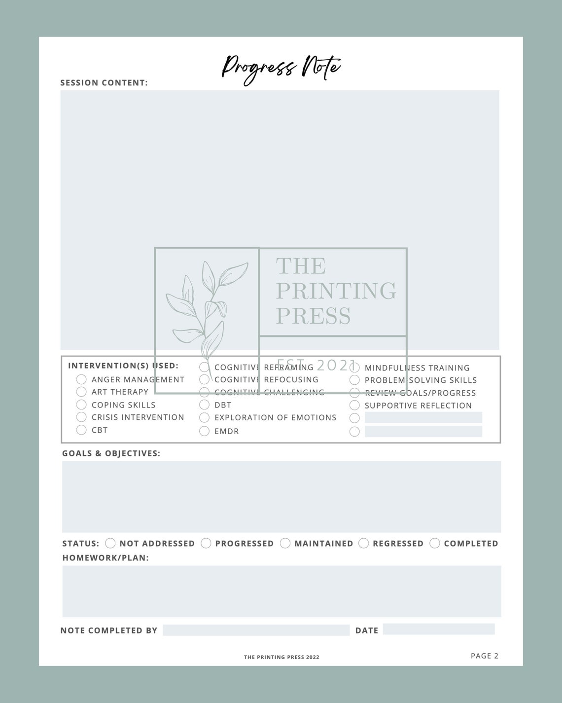 Therapy Progress Note Template, Fillable Counseling Form (PDF File) - Etsy