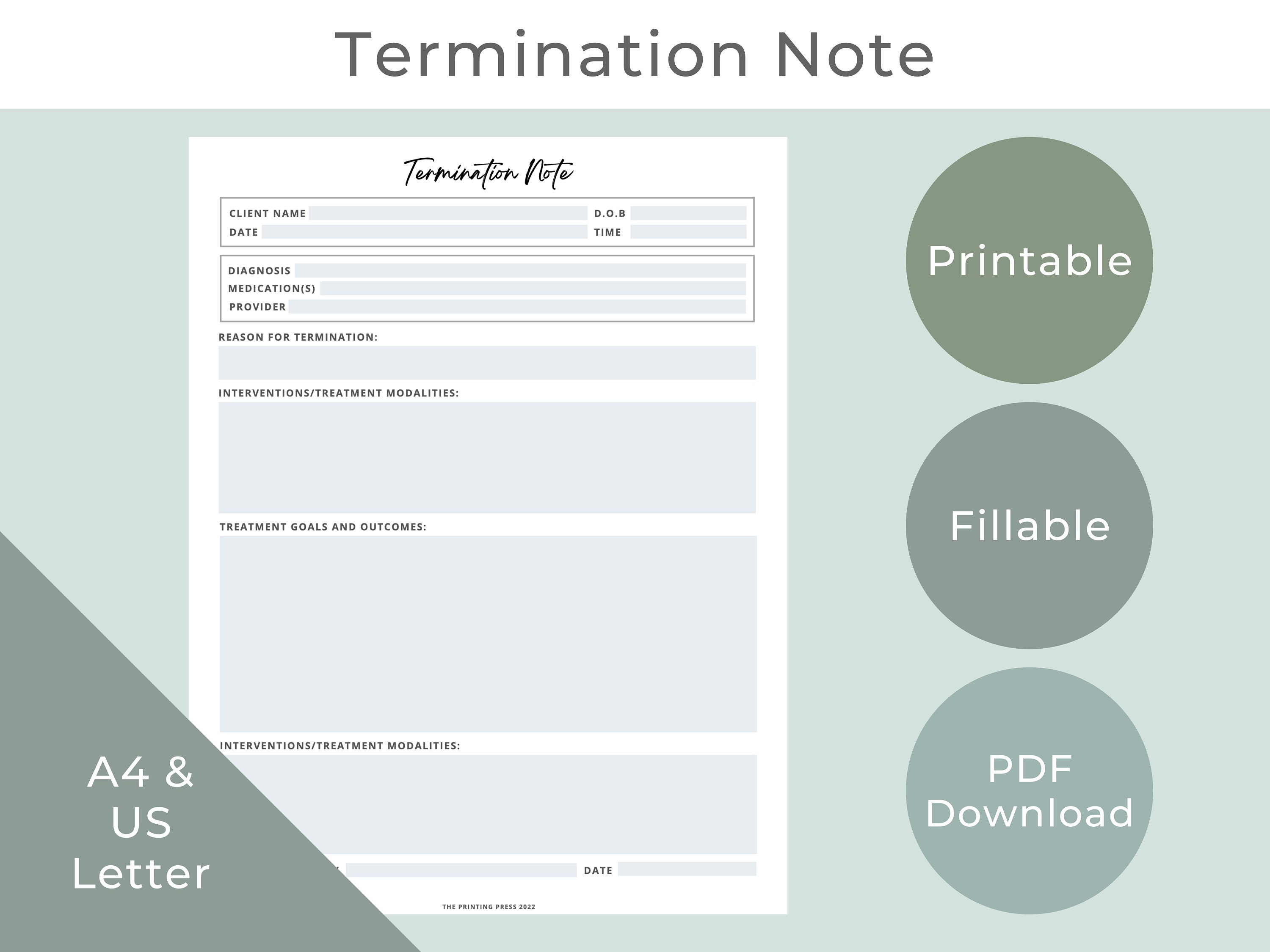 Therapy Termination Note Template, Fillable Counseling Form (digital ...