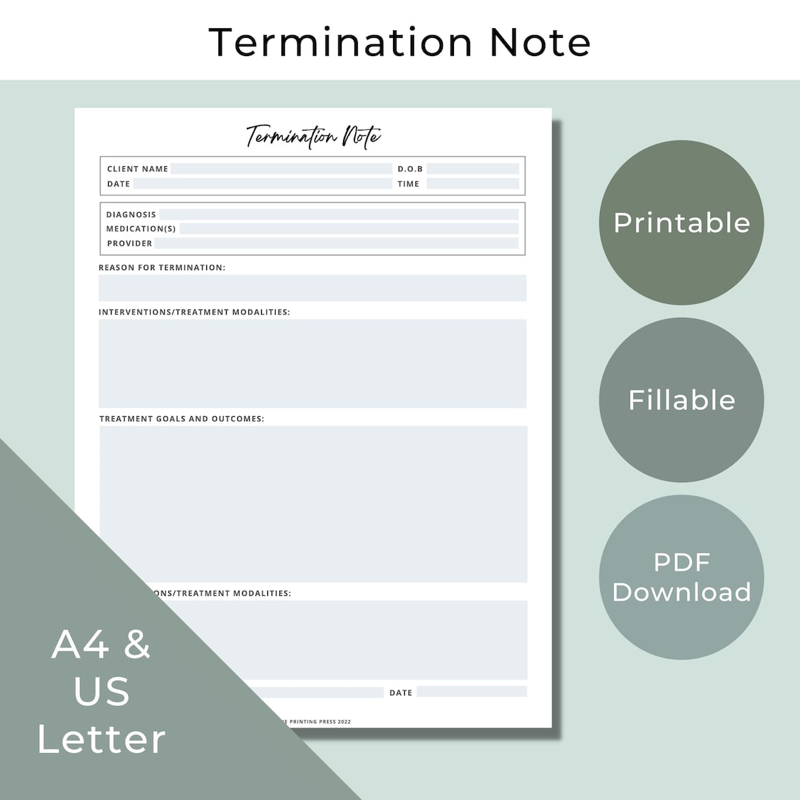 Therapy Termination Note Template, Fillable Counseling Form (digital ...