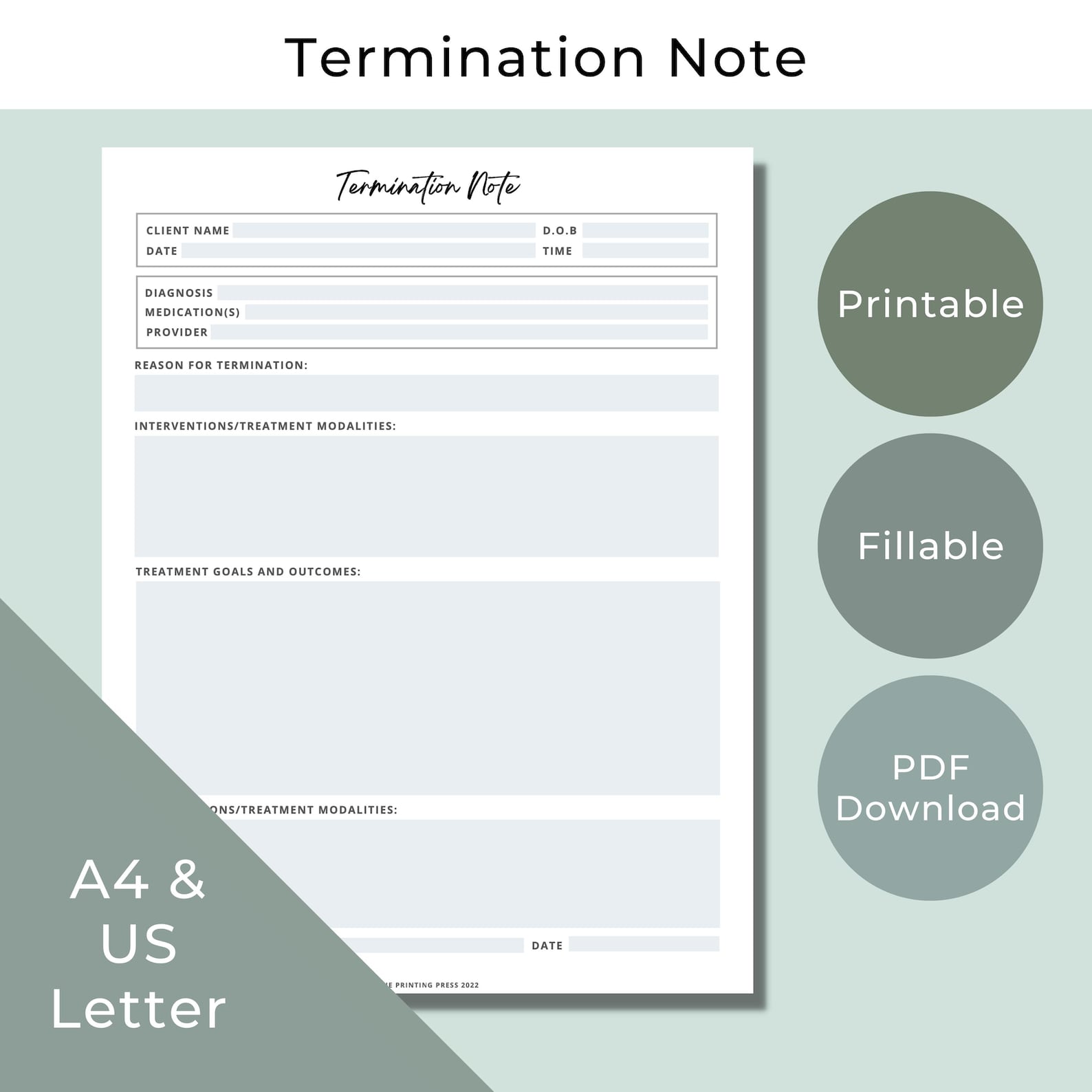 Therapy Termination Note Template, Fillable Counseling Form (digital ...