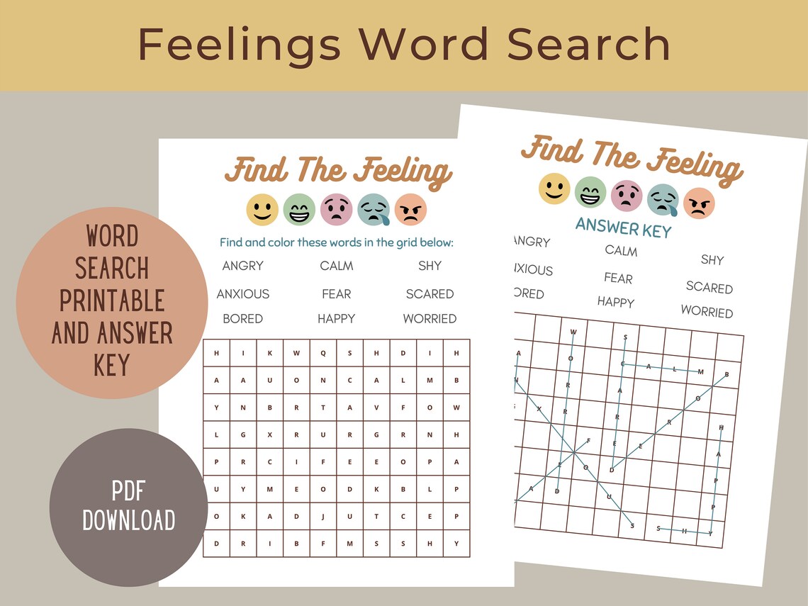 Feelings Word Search Printable PDF, Therapy Printable Worksheets, Child ...