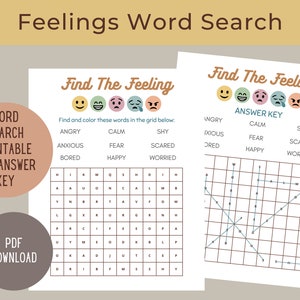 Feelings Word Search Printable PDF, Therapy Printable Worksheets, Child ...
