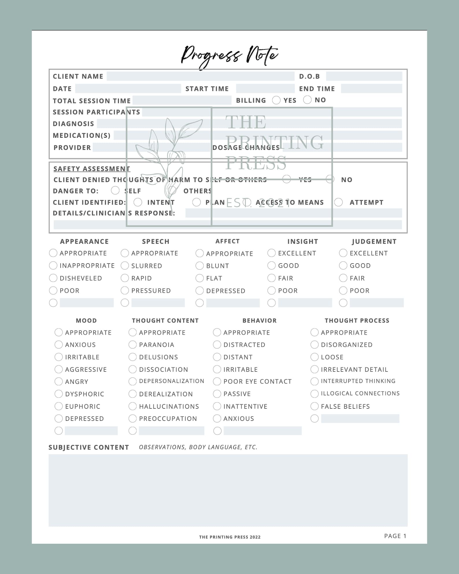 Therapy Progress Note Template, Fillable & Editable Form, Counseling ...