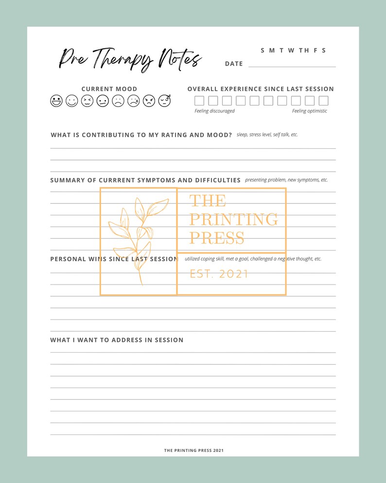 Pre Therapy Notes, Therapy Session Check In, Therapy Session Notes ...