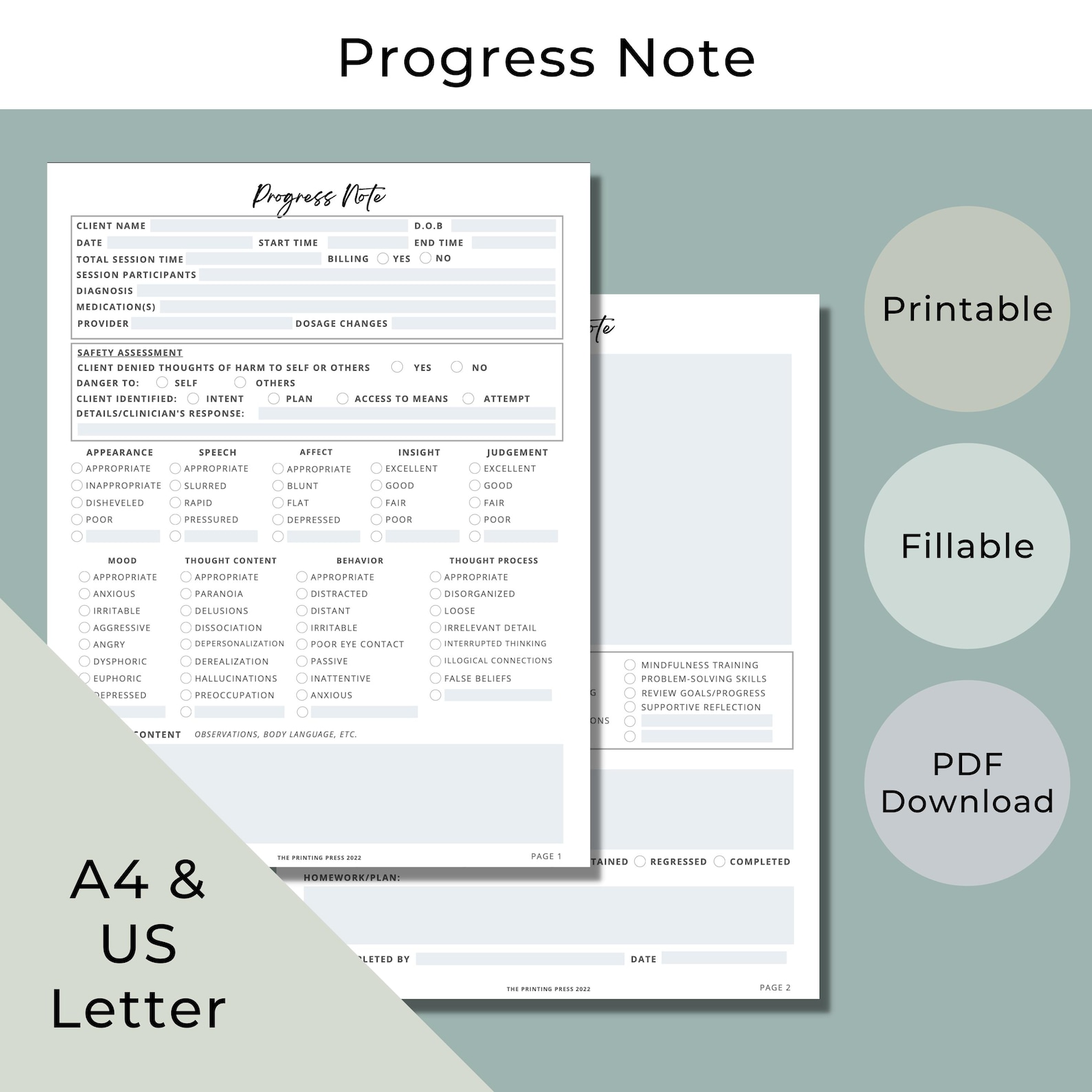Therapy Progress Note Template, Fillable Counseling Form (PDF File) - Etsy