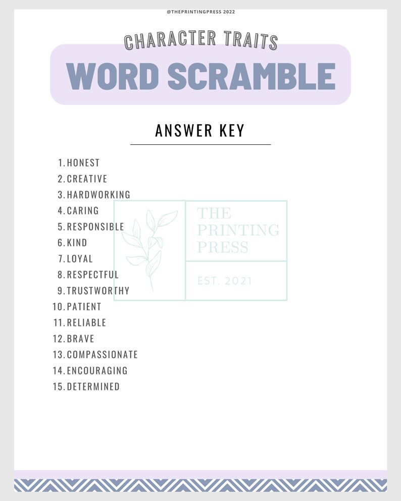 Character Traits Word Scramble Game, Social Emotional Learning (PDF ...