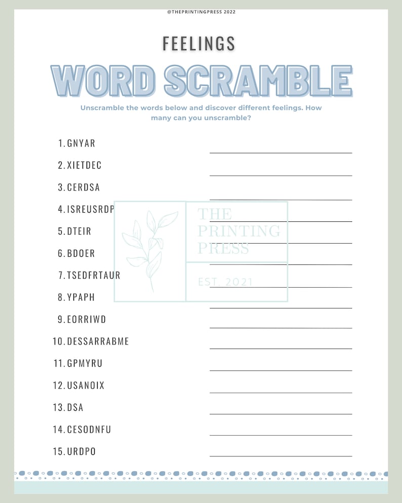 Feelings Word Scramble Game, Mental Health Counseling, School ...