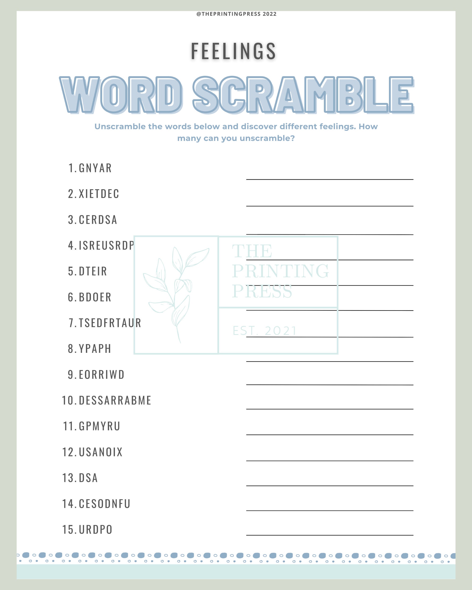 Feelings Word Scramble Game, Mental Health Counseling, School ...