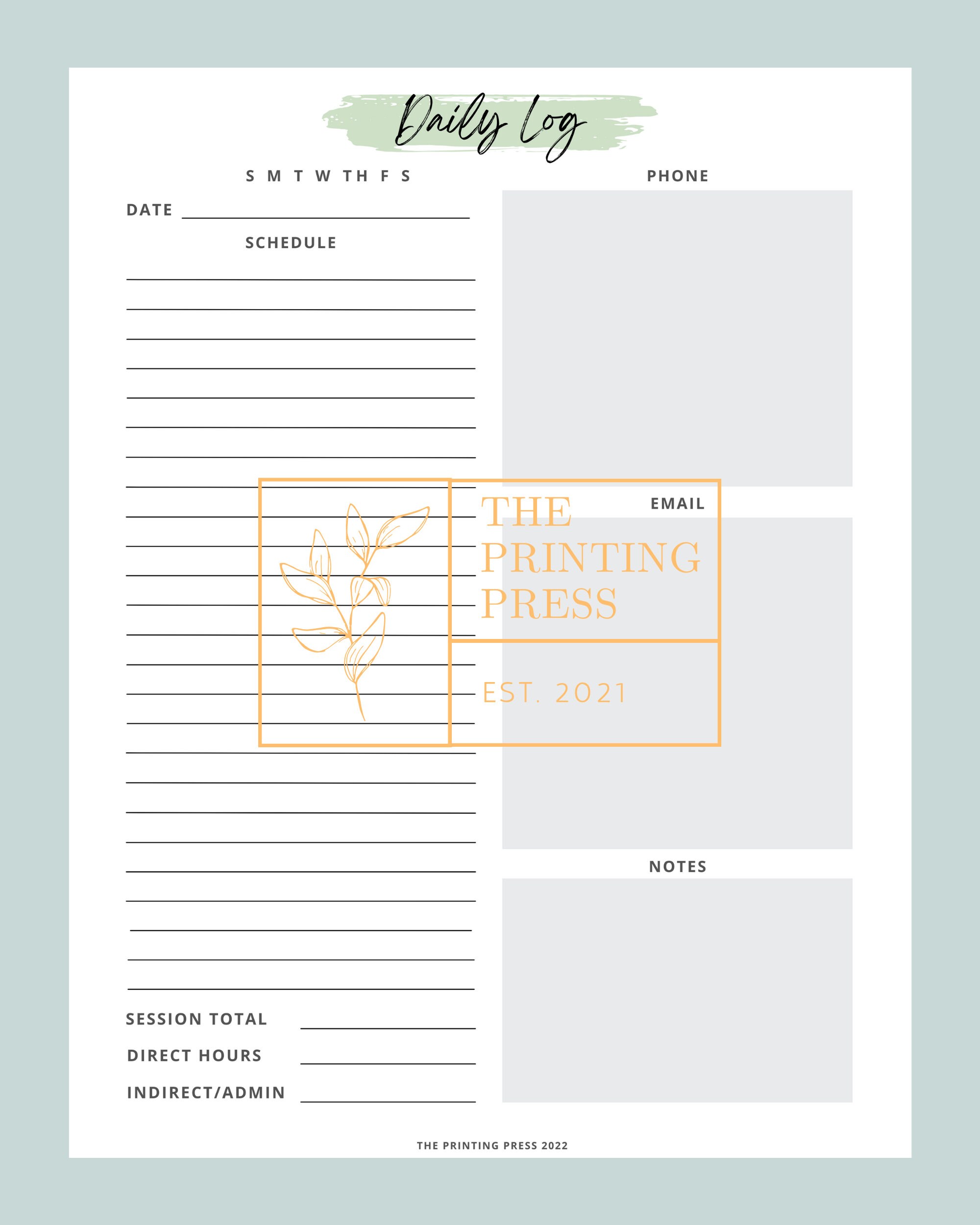 Daily Log, Therapist Daily Schedule, Appointment Scheduling Log ...
