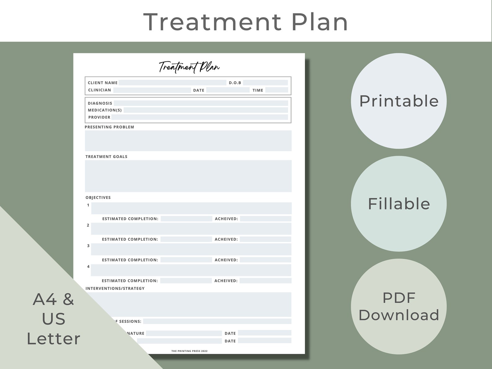Therapy Treatment Plan Template, Fillable Counseling Notes (PDF ...
