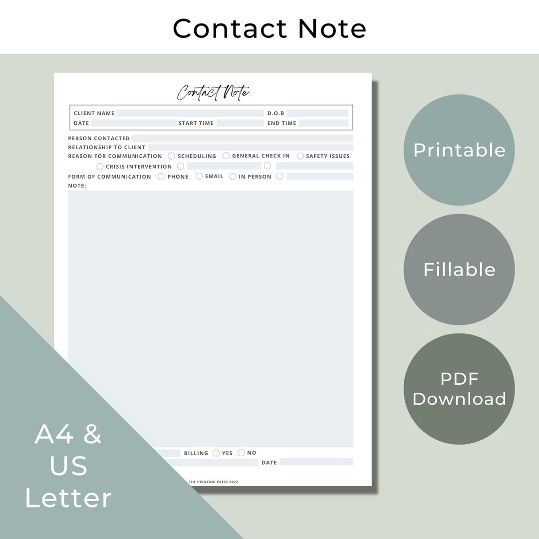 Therapy Contact Note Template, Fillable PDF (digital Download) - Etsy