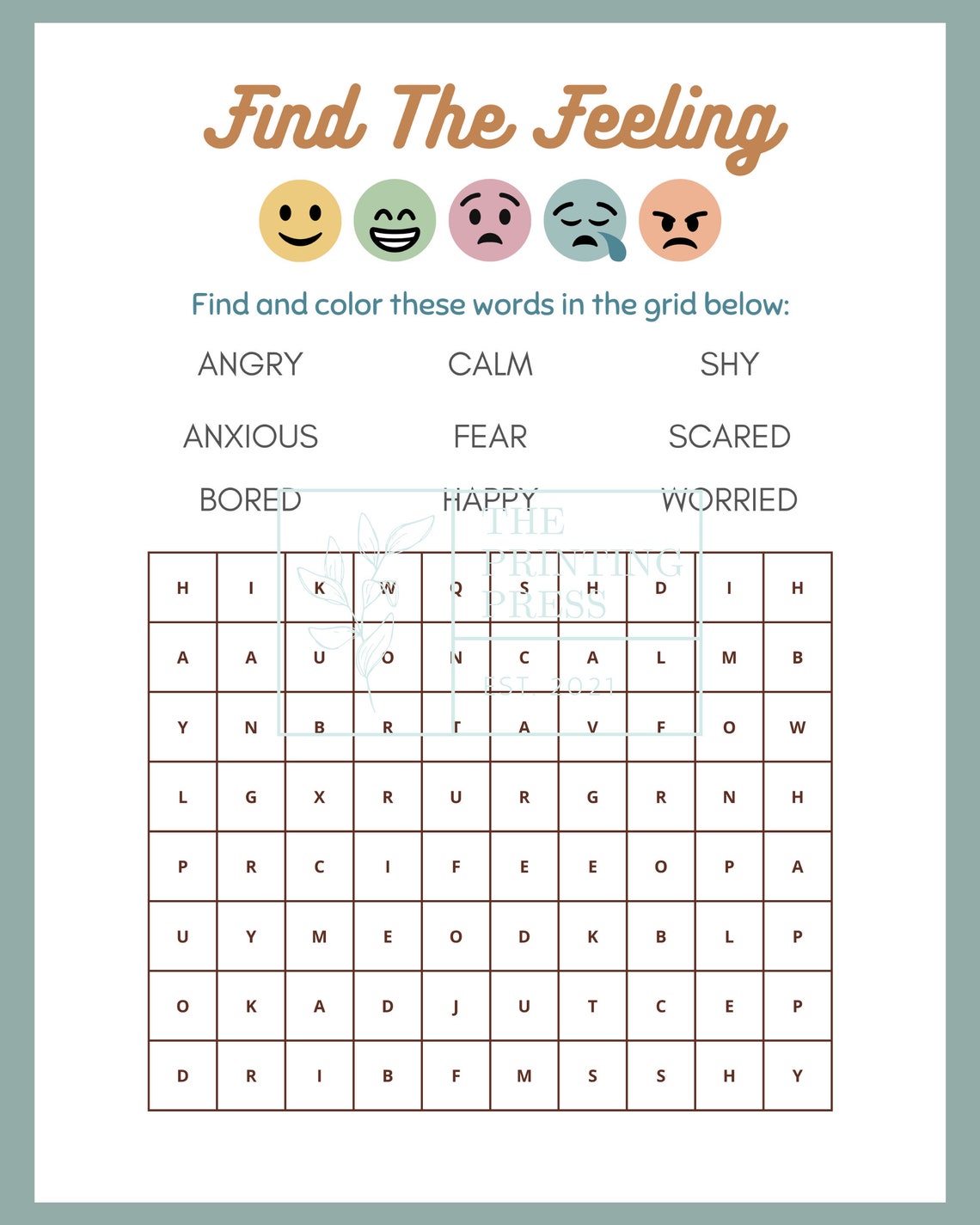 Feelings Word Search Printable PDF, Therapy Printable Worksheets, Child ...
