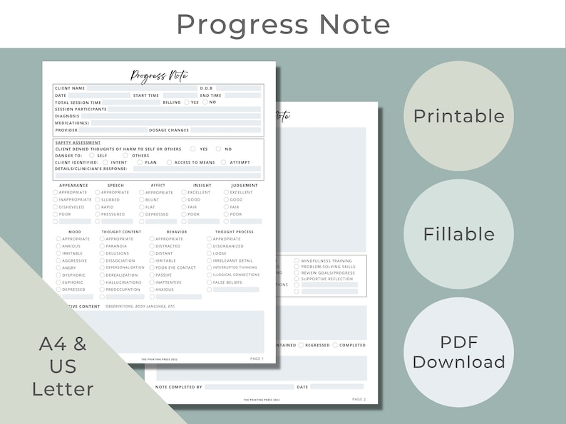 Therapy Progress Note Template, Fillable Counseling Form (PDF File) - Etsy