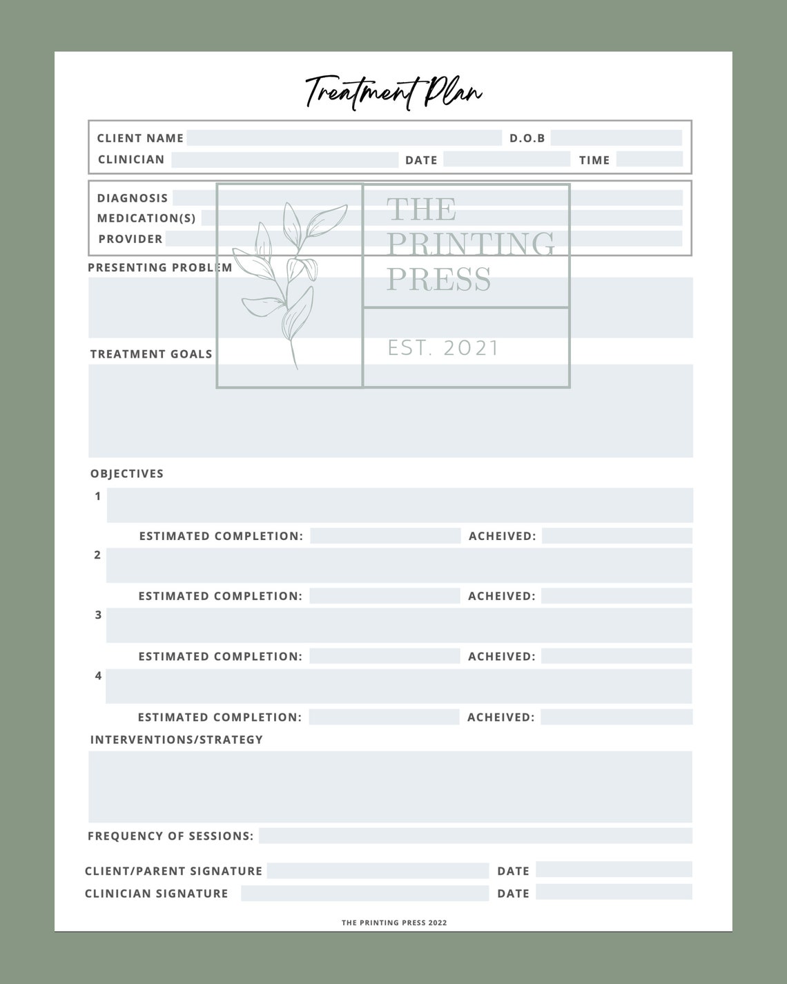 Treatment Plan Template, Treatment Plan Counseling, Therapy Tools ...